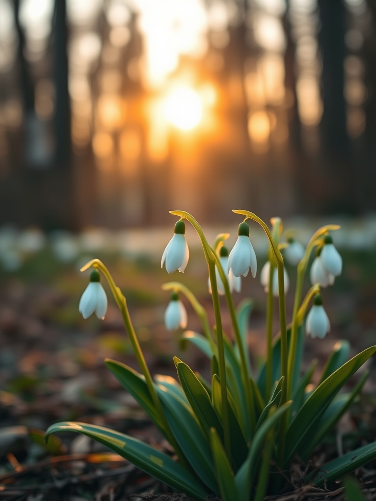 Delicate Snowdrops Blooming Under a Warm Golden Sunset in the Forest