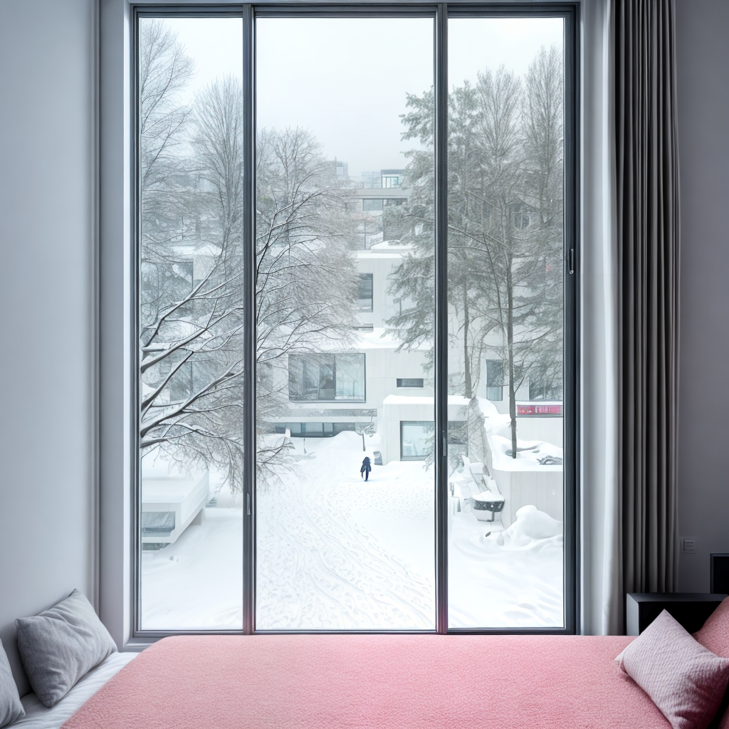 lots of snow falling outside the window in modern apartment in berlin