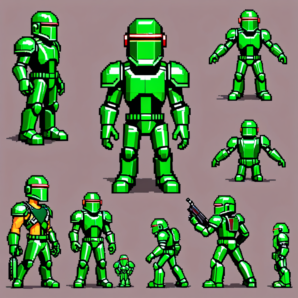 Friday night funkin type spritesheet for a pixelated green armored man