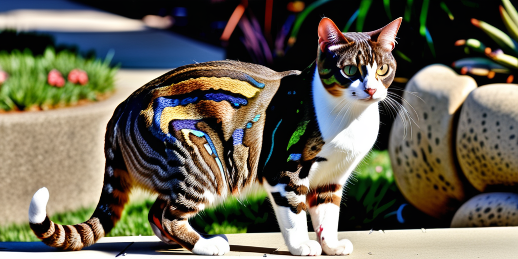 A Colorful Cat Strutting Through a Vibrant Garden in Sunshine.