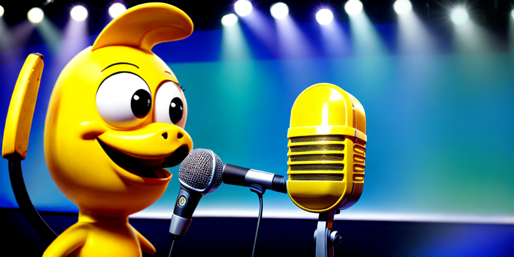 a cartoon banana singing in a microphone on a stage