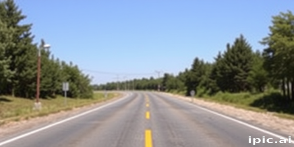 Scenic Open Road Surrounded by Lush Green Trees and Clear Blue Sky
