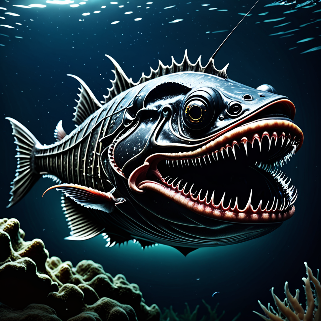 realistic scary huge teeth angler fish illuminated by it's lure ...