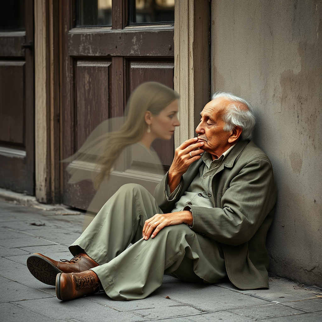 Lonely Elderly Man Reflects on Memories While a Ghostly Figure Appears