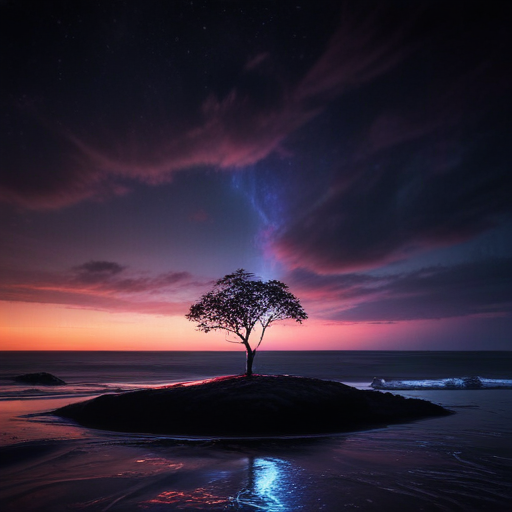 Solitary Tree on an Island Under a Starry Night Sky at Dusk
