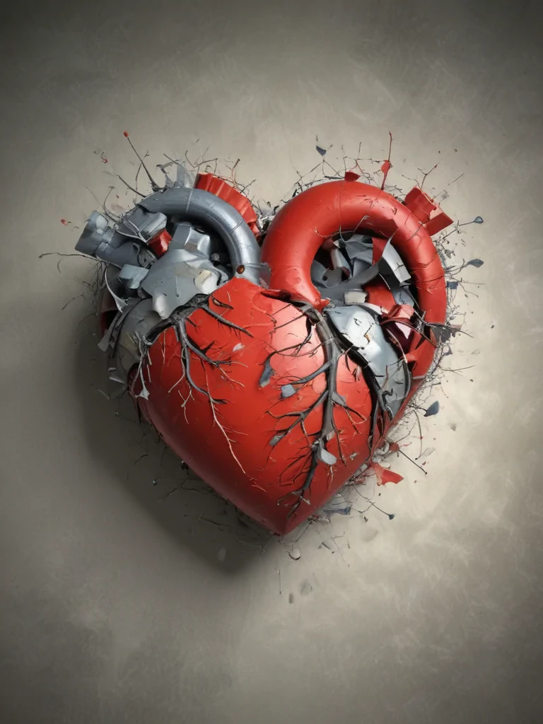 Broken Heart with Mechanical Elements and Roots Emerging from the Cracks