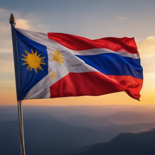 Vibrant Flag of the Philippines Waving Against a Stunning Sunset Sky