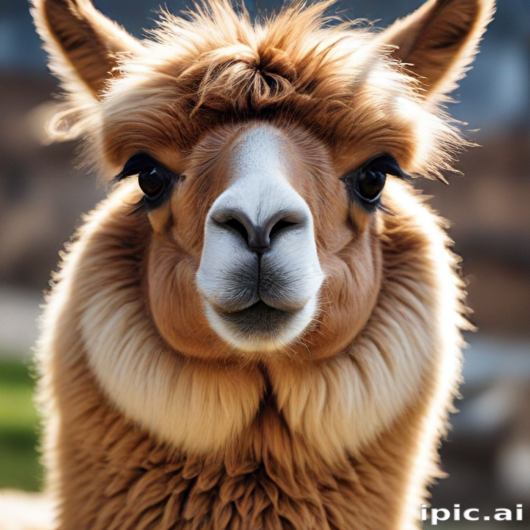A Charming Close-Up of a Fluffy Alpaca with Big Eyes and Smile.