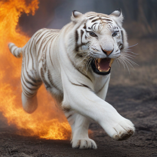 White tiger running through fire