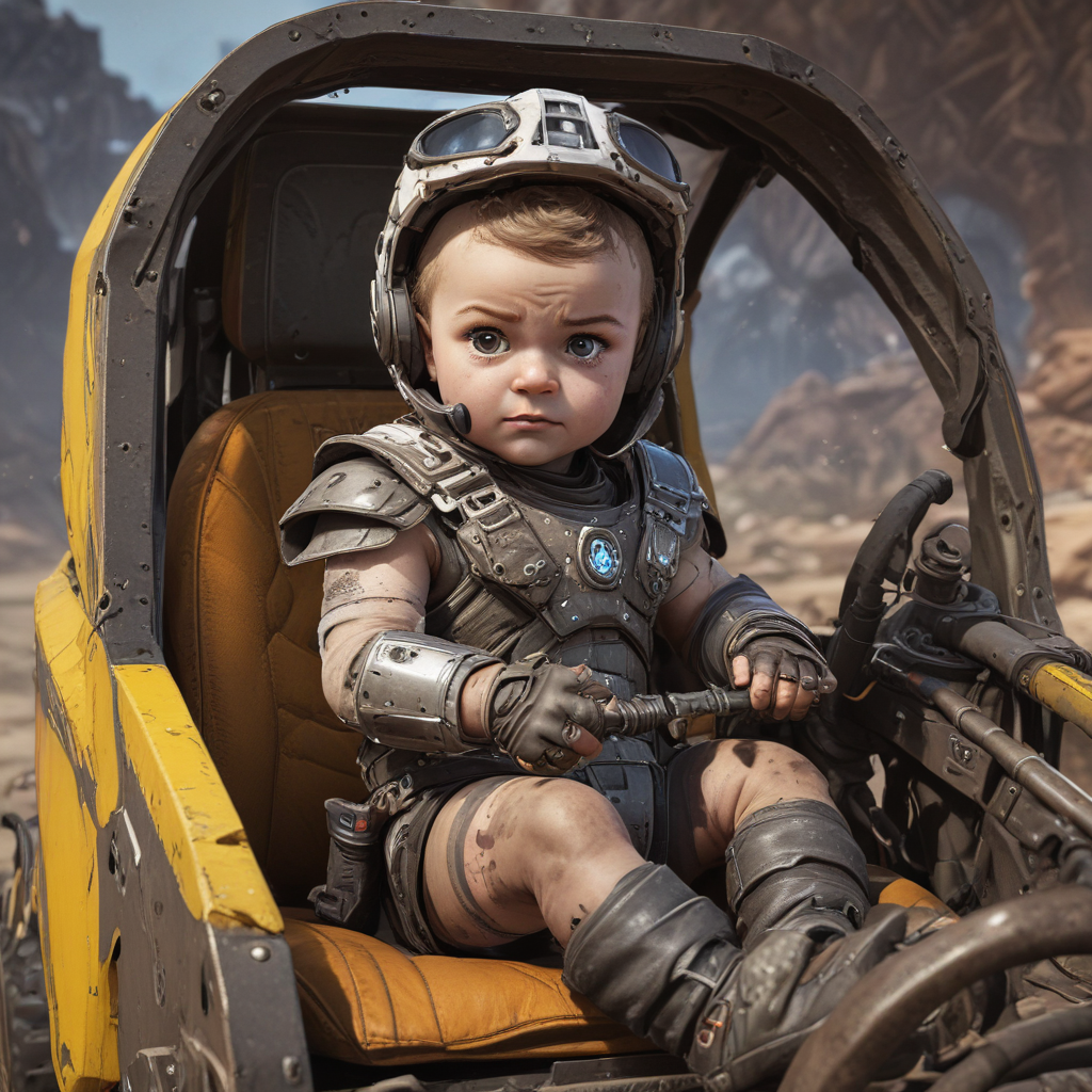 baby in armor driving in the seat at the center of cyclone vehicle from ...
