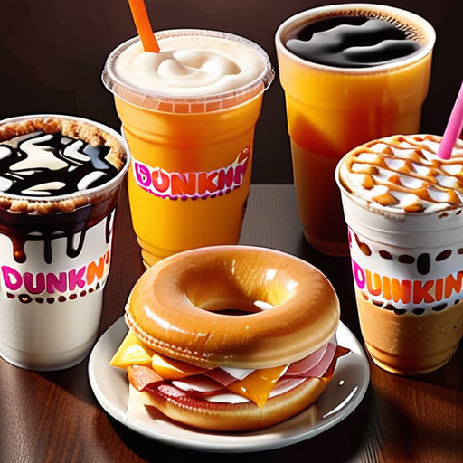 A Delicious Spread of Dunkin' Treats Featuring Donuts, Drinks, and Desserts