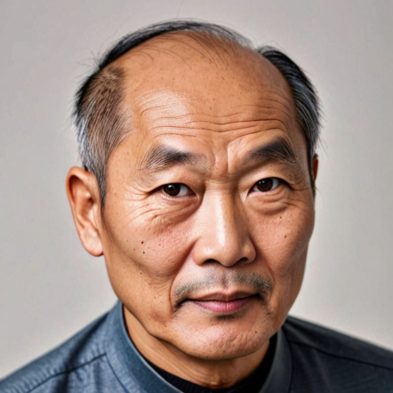 Balding Asian man with greying hair with comb over haircut
