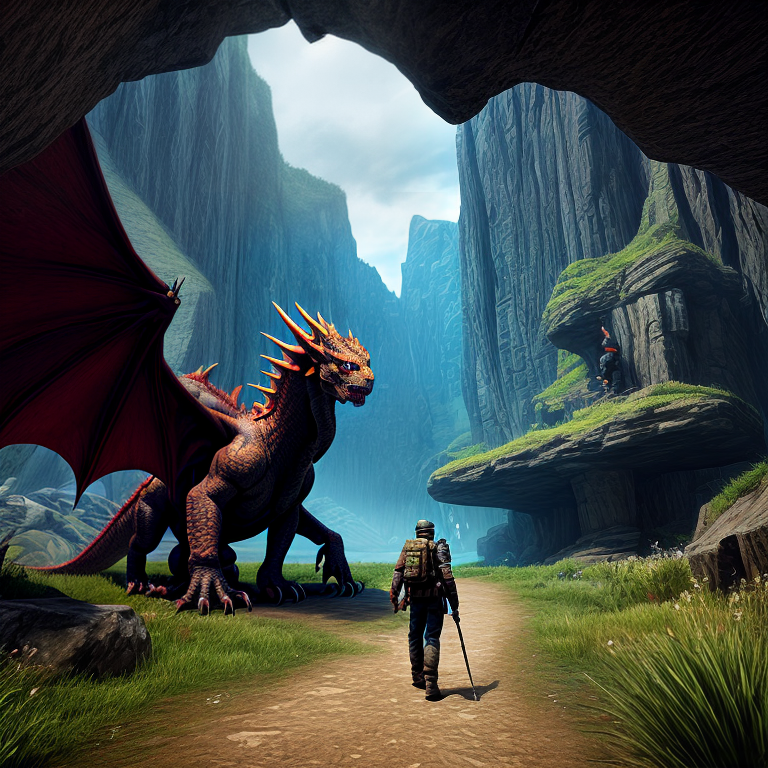 Two fierce dragons guard a dark cave entrance.