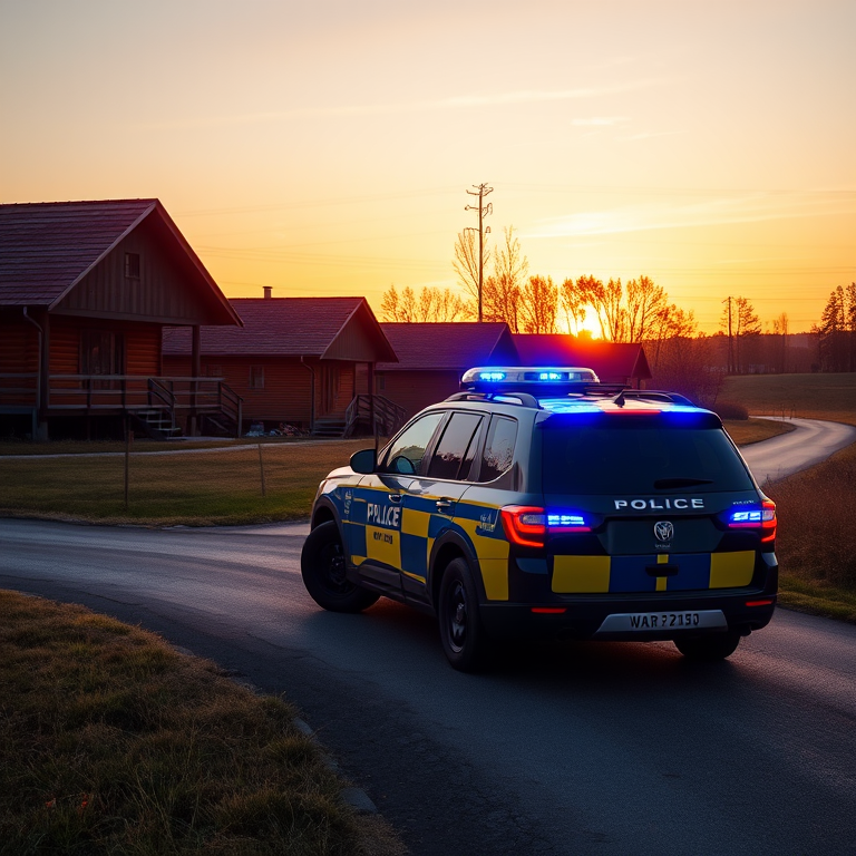 Police Vehicle Parked on a Quiet Road at Sunset Near Homes