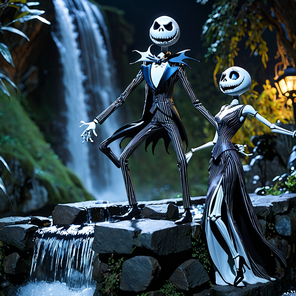 jack skellington and sally falling over a waterfall at night and laughing