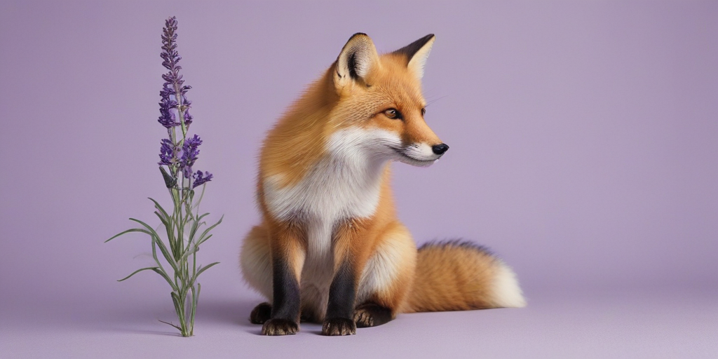 An abstract fox with rainbow color tail, sitting, with a lavender color ...