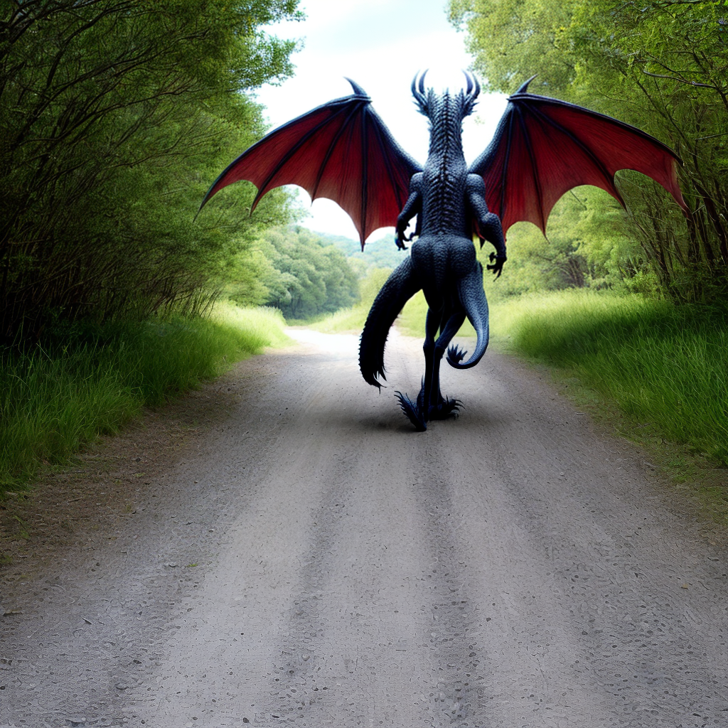 the rear of a dragon walking down a path, with its tail up above its ...