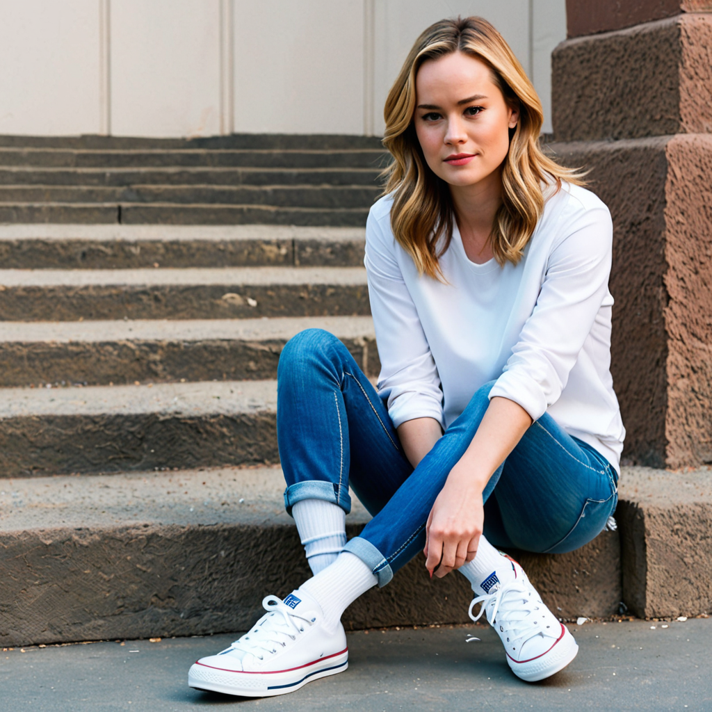 Mcu Brie Larson Carol Danvers Sitting in White Shirt, Blue Jeans, White ...