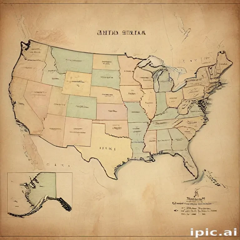 Historical Map of the United States with Detailed State Borders and Regions