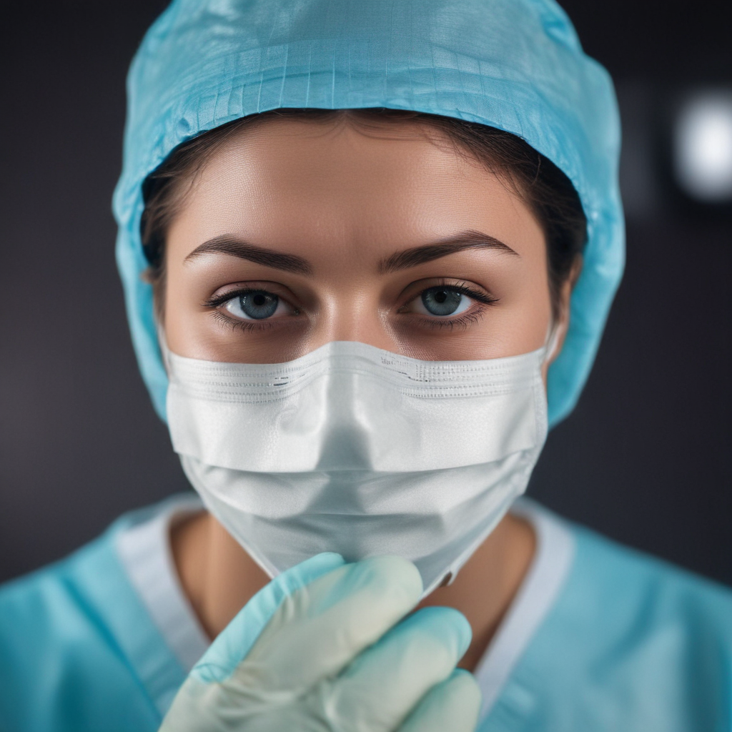 surgeon with mask in operation theater with scalpel in hand glittering ...