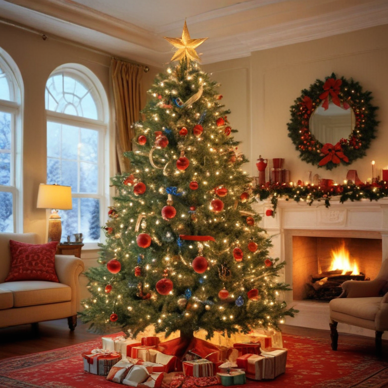 Cozy Holiday Living Room with a Beautifully Decorated Christmas Tree