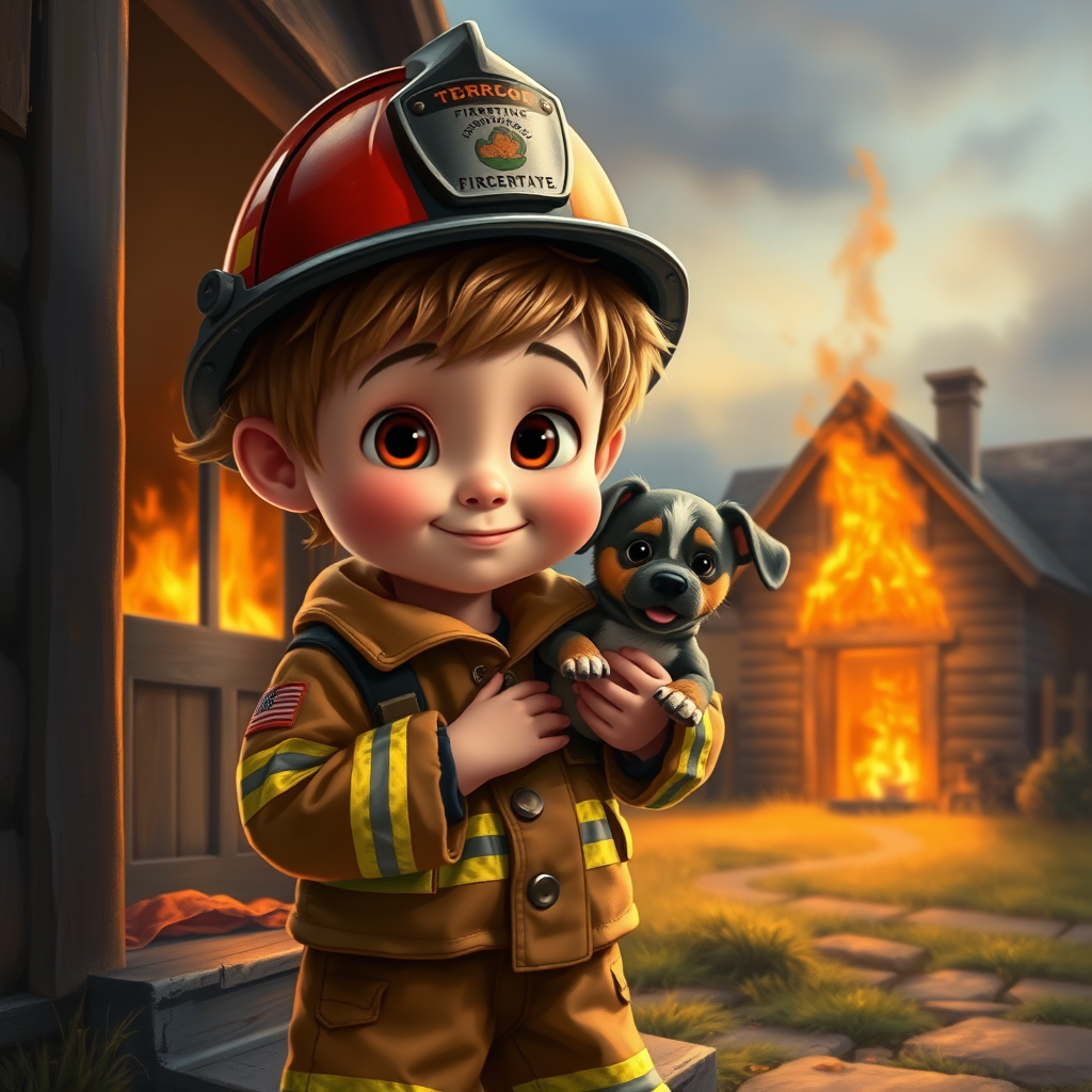 Brave Little Firefighter Smiling with Adorable Puppy in Front of Flames