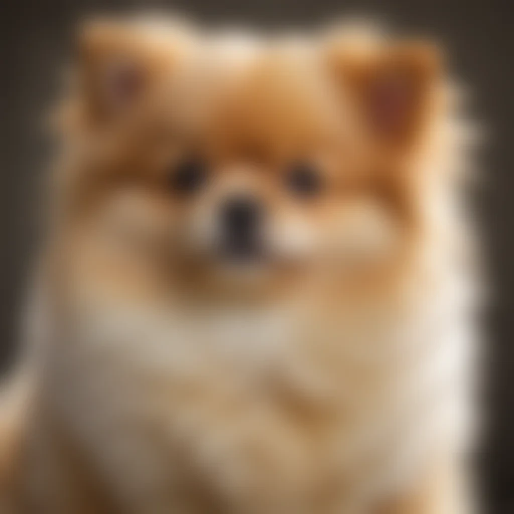 A Cute Pomeranian Dog with Fluffy Fur Sitting Against a Dark Background.