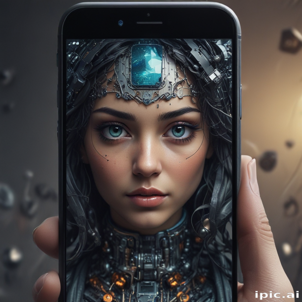 Futuristic Portrait of a Cybernetic Woman Displayed on a Smartphone Screen