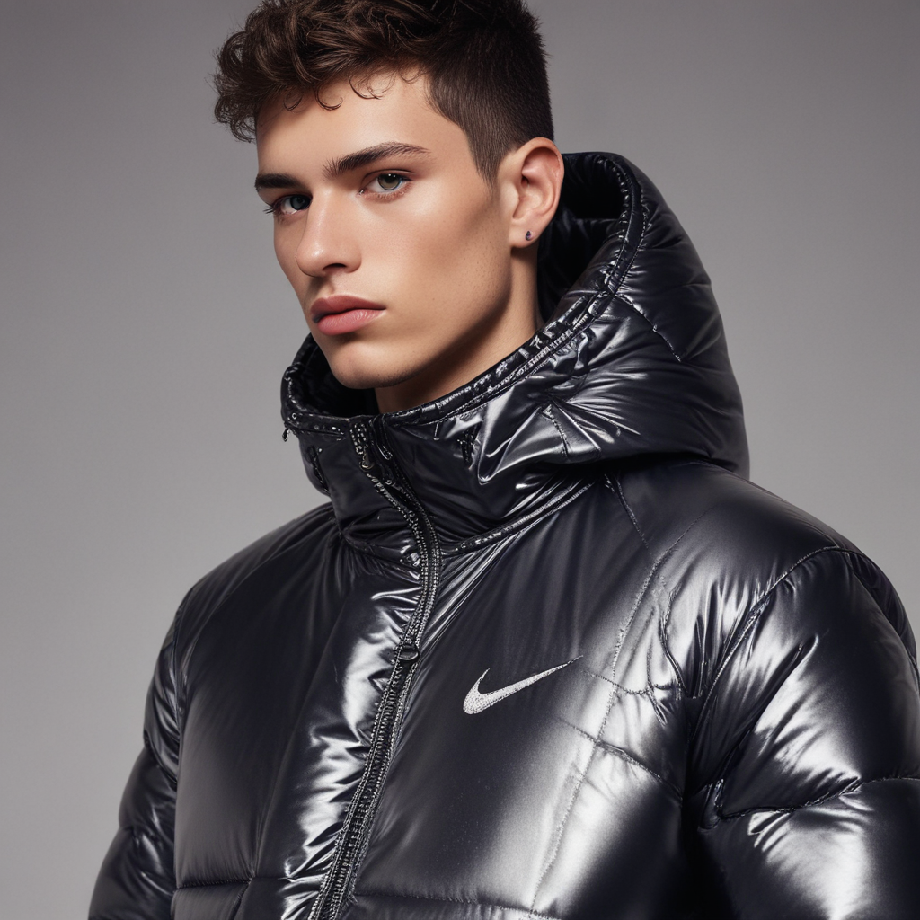 Male supermodel nike shiny puffer jacket bling jewellery hood