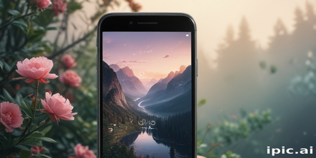 A Serene Mountain Landscape Reflected on a Smartphone Screen Surrounded ...