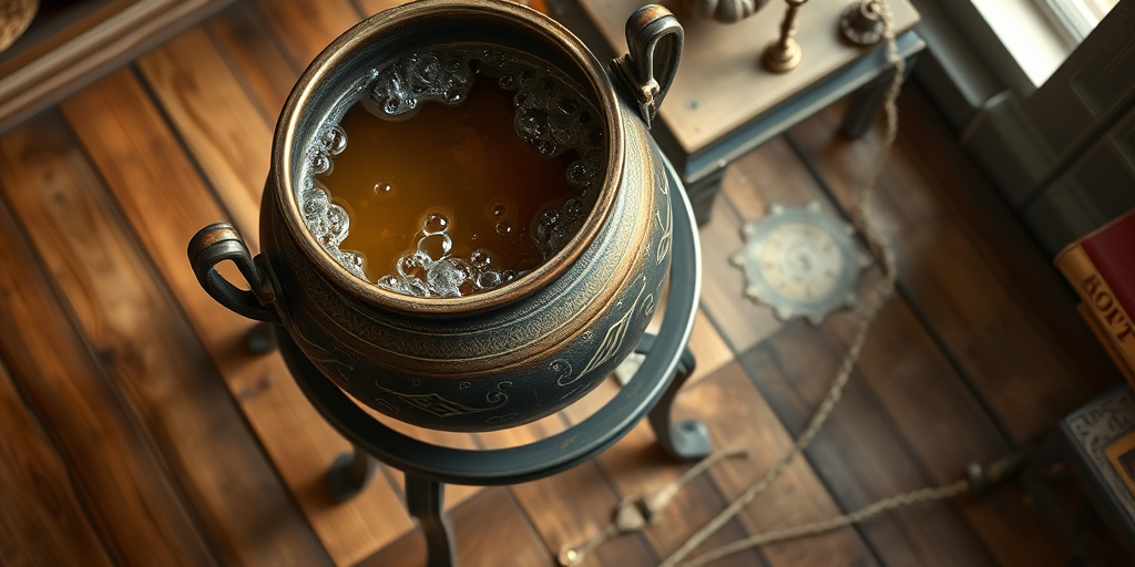 A Rustic Pot Filled with Bubbling Liquid on a Wooden Floor.