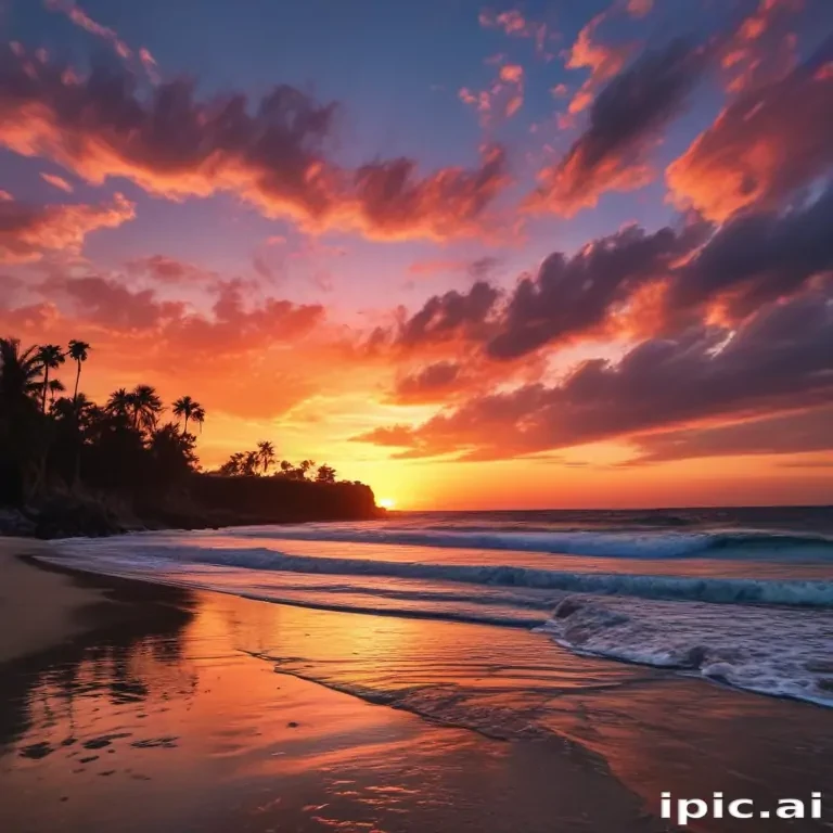 Stunning Sunset Over Tropical Beach with Palm Trees and Waves