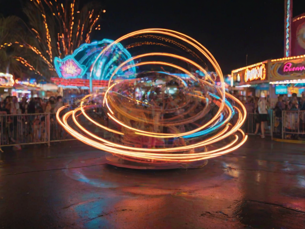 Vibrant Nighttime Carnival Scene with Colorful Lights and Spinning Rides