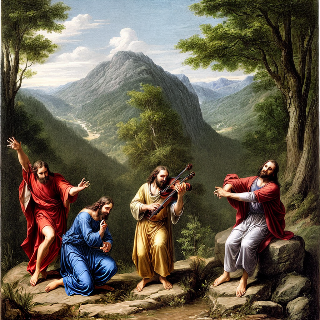 jesus crossing up the devil while a man plays a fiddle in the back