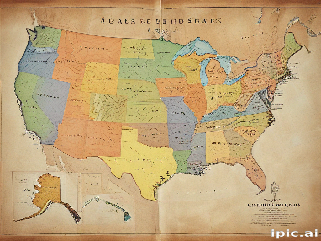 Historical Map of the United States Displaying States and Territories ...