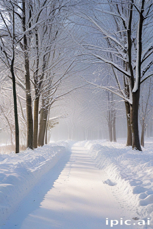 Serene Winter Pathway Framed by Snow-Covered Trees and Gentle Light