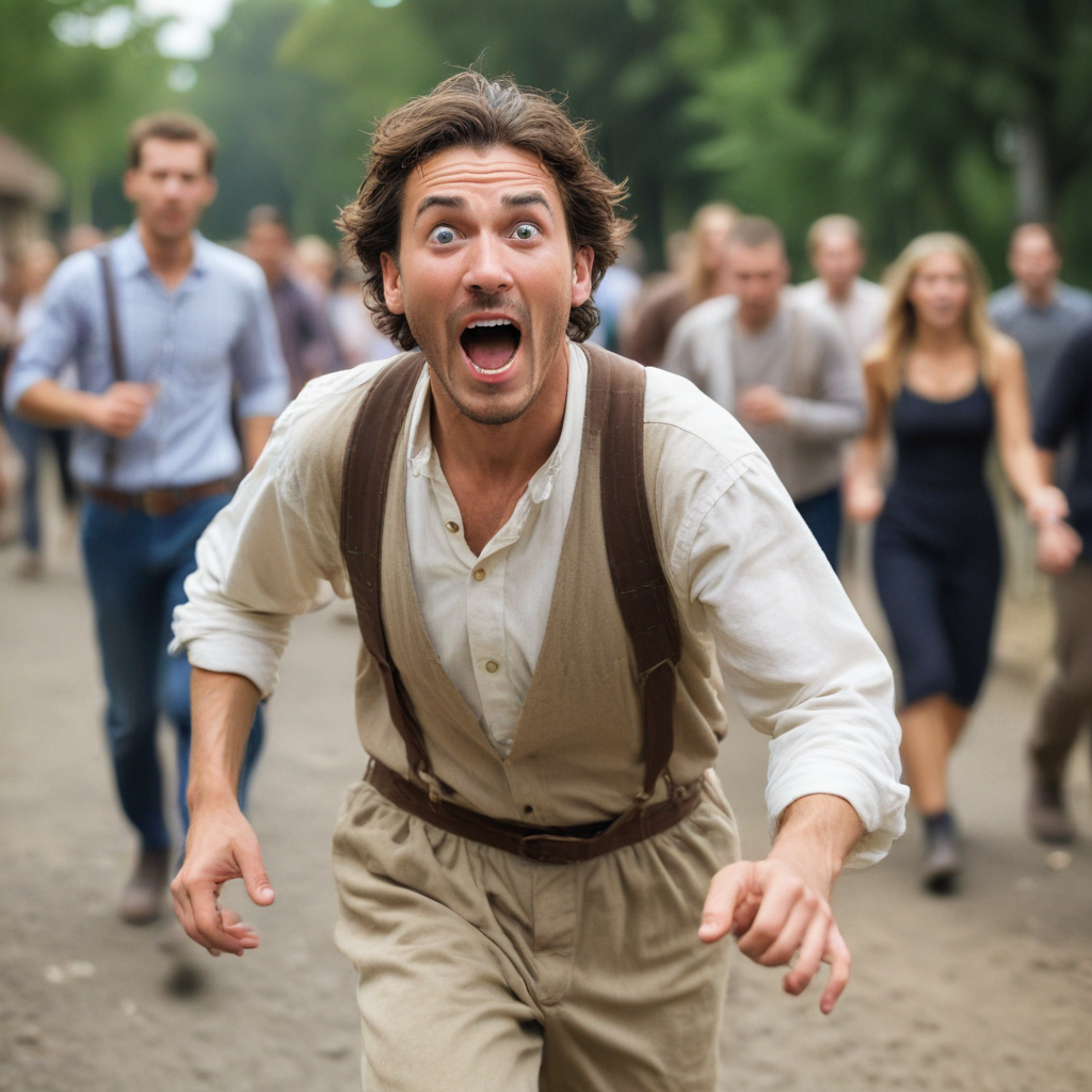 a silly looking peasant running past people with a confused look on his ...