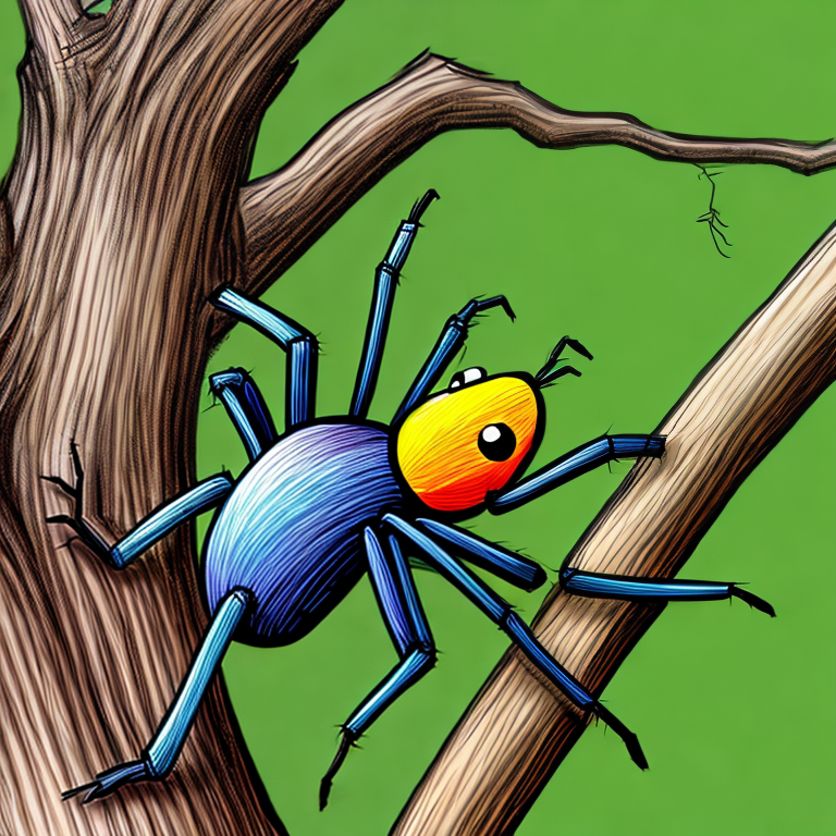 colored spider crawling up a tree, cartoon style