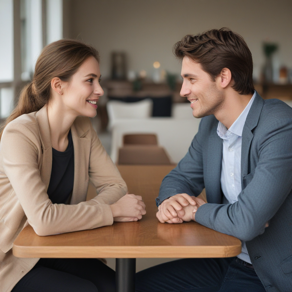 Two people sitting face-to-face, one leaning in and making eye contact ...