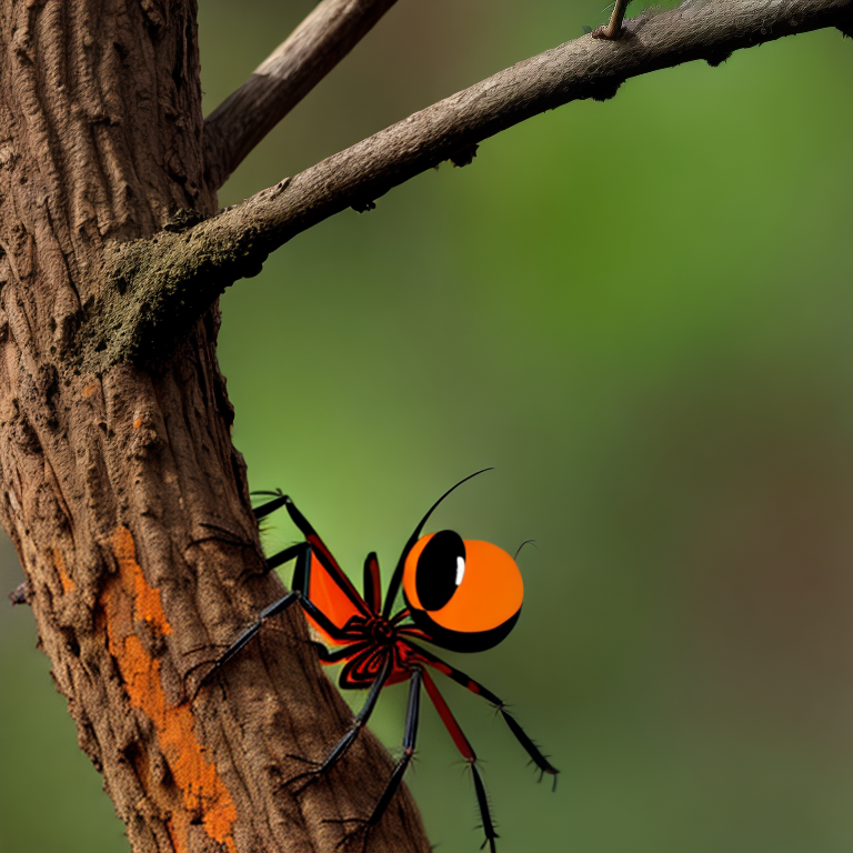 dark orange colored spider crawling up a tree, cartoon style