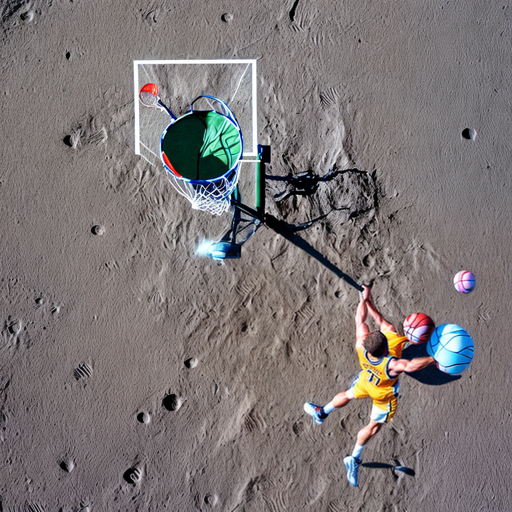 basketball player dunking a ball on the moon