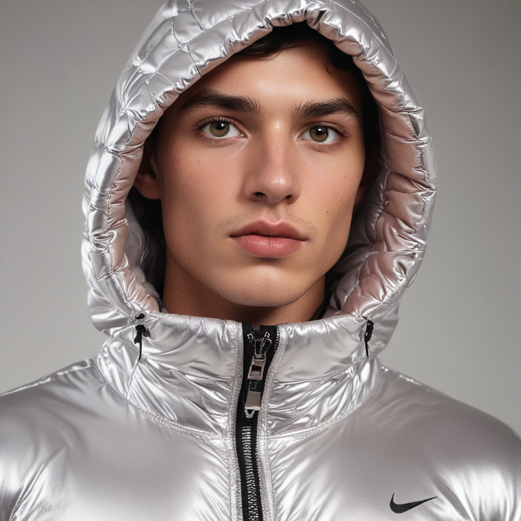 Male supermodel nike shiny puffer jacket bling jewellery hood