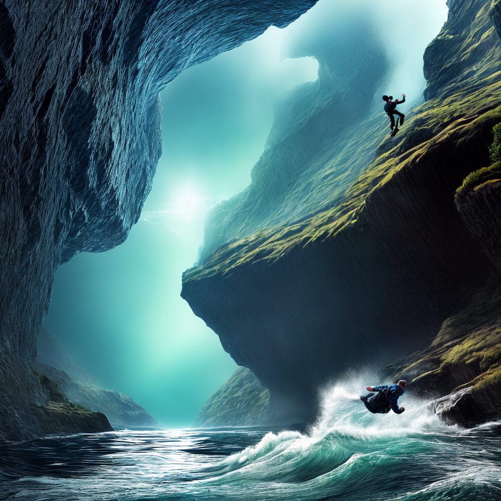 create a realistic image of a man falling into an abyss.