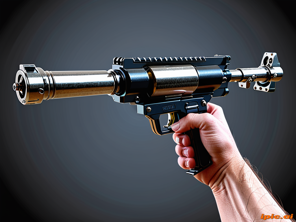 Hand Holding a Futuristic, Sleek Gun with Metallic Design and Features