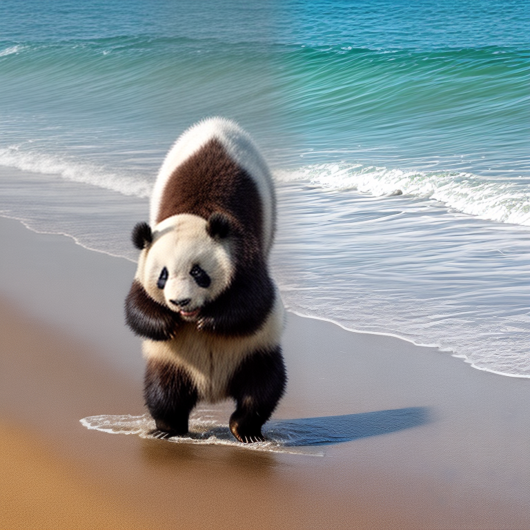 Panda dancing on a beach near the ocean