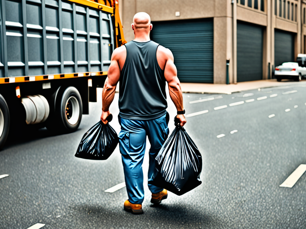 realistic handsome bald muscular garbagemen from behind carrying black ...