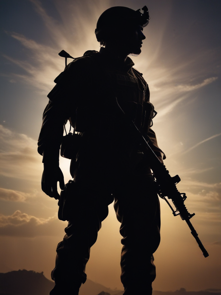 Silhouetted Soldier Standing Strong Against a Dramatic Sunset Sky ...