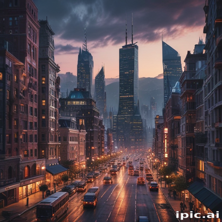 Twilight Over a Modern Cityscape with Skyscrapers and Busy Streets