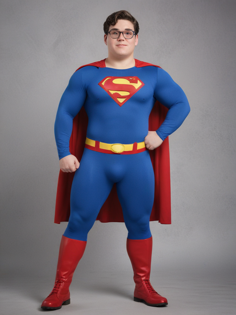 Realistic chubby high school nerd guy, realistic superman costume and ...