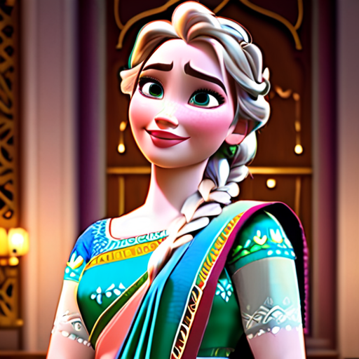 Elsa hug Anna in saree indian smile frozen disney smile look at camera ...